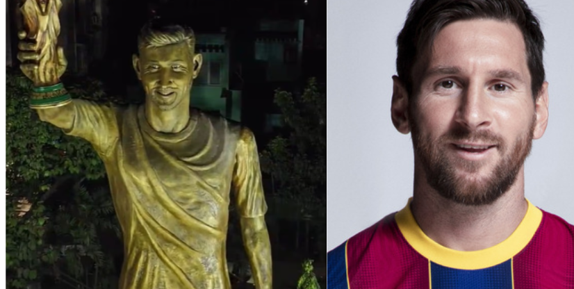 Lionel Messi avtäcker den 21 meter höga statyn av ”Lille magikern” i ...